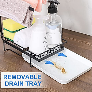 Sponge Holder with Drain Pan for Kitchen Sink Kitchen Towel Rack Sink Caddy Organizer for Dish Sponge Brush Soap Dishcloth Holder(Black)