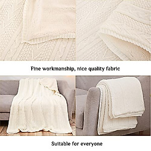 Beige Knit Sherpa Blanket Cotton Throw Blanket with Sherpa Lining Double Sided Reversible Winter Blanket Super Soft, Warm, Elegant, Plush, Cozy for Couch, Sofa, Bed Home Decor 50 x 63 inch
