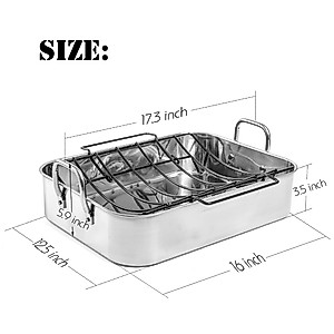 Kaiihome Roasting Pan with Nonstick Rack - 16 inch Stainless Steel Rectangular Turkey Pan with Non-stick U-Shaped Rack, Turkey Roaster Pan for Thanksgiving Party