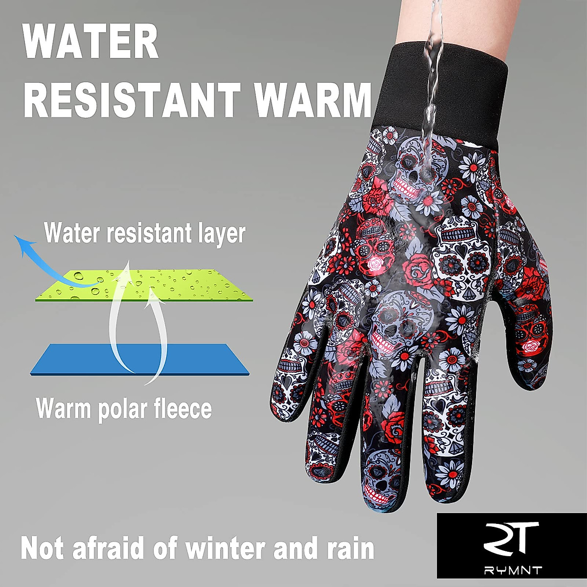 RYMNT Winter Gloves with Touch screen, Lightweight Texting Thermal Gloves with Anti-Slip, Water Resistant for Workout, Hiking, Running, Cycling, Driving, Outdoor Camping and Daily Working.Skull-Medium