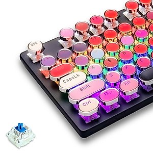 Basaltech Typewriter Style Mechanical Gaming Keyboard, Retro Steampunk Vintage Keyboard with Rainbow LED Backlit, 104-Key Anti-Ghosting Blue Switch Wired USB Metal Panel Round Keycaps