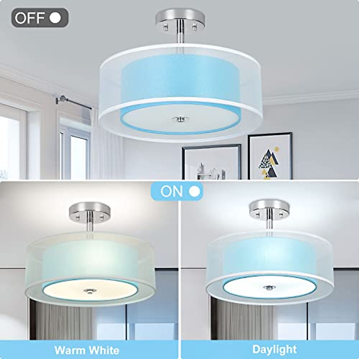 DLLT 3-Light Semi Flush Mount Ceiling Light Fixture, 15'' Blue Drum Light Ceiling Hanging with Double Fabric Shade, Modern Close to Ceiling Lamp for Living Room Bedroom Kitchen Dining Room Entry Foyer