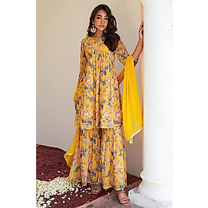 Janasya Indian Women's Yellow Georgette Digital Floral Printed Kurta with Sharara and Dupatta