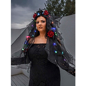 Unsutuo Led Day of the Dead Headband Veil Ligth Up Halloween Costume Headwear Gothic Skull Rose Headpiece Hair Accessories for Women