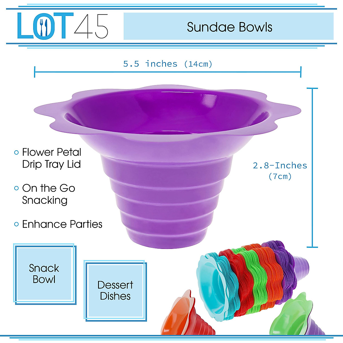 Lot45 Snow Cone Bowls - Reusable Colorful Plastic 100pc Shaved Ice Flower Cups - Holds 4oz of Desserts and Snacks
