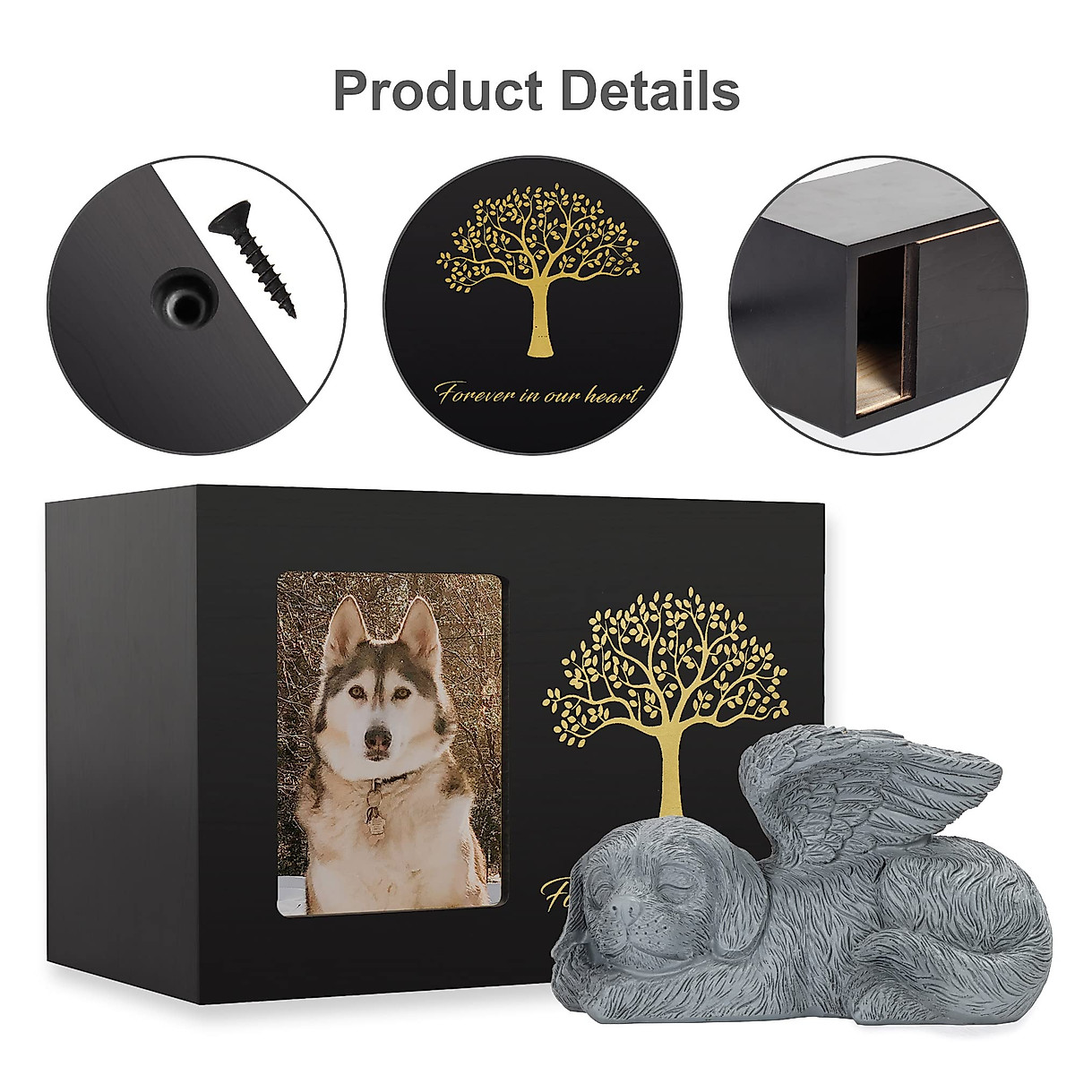 The7boX Pet Urn Dog Ashes Box Wooden Black Dog Urns for Ashes Comes with Dog Angel and Ashes Bag