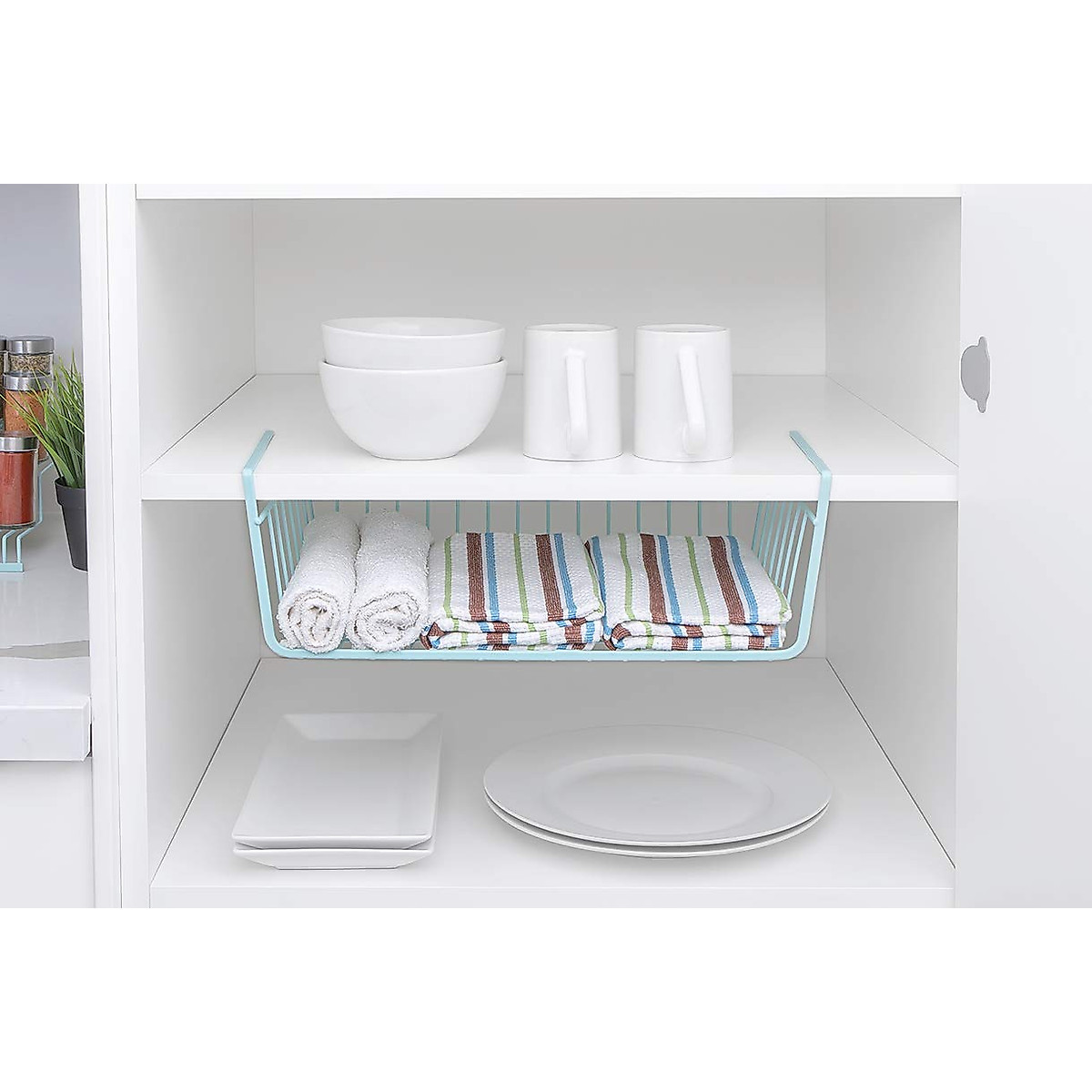 Smart Design Undershelf Storage Basket - Medium - Snug Fit Arms - Steel Metal Frame - Rust Resistant - Cabinet, Pantry, and Shelf Organization - 16 x 5.5 Inch - Light Blue