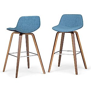 SIMPLIHOME Randolph 26 Inch Mid Century Modern Bentwood Counter Height Stool (Set of 2) in Medium Blue Linen Look Fabric, For the Dining Room and Kitchen