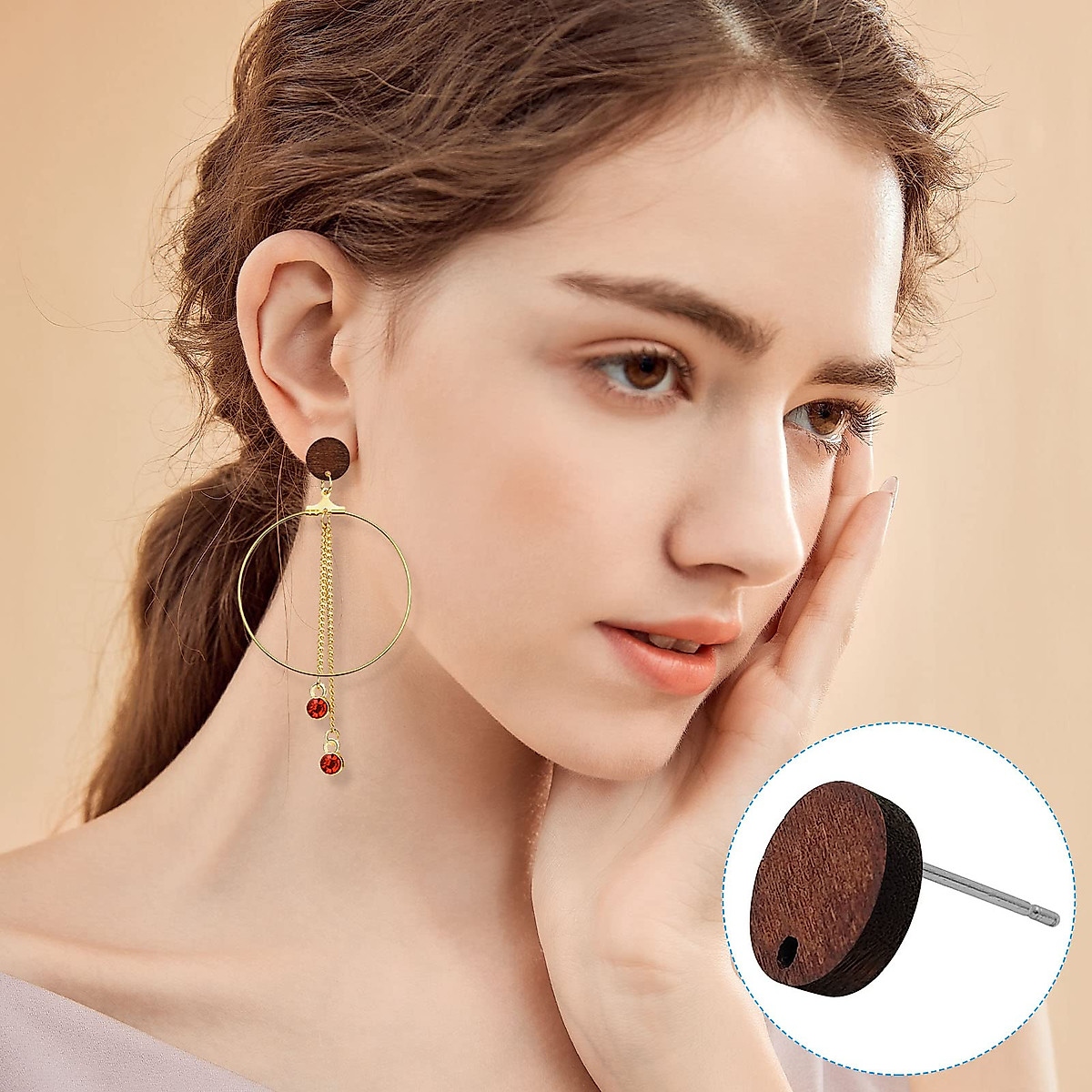 Wooden Earring Studs for Jewelry Making,100Pcs Wood Earring Posts Earrings Findings Wood Round Stud Earrings with Loop Earring Pin Stud Bulk with Earrings Backs for DIY Earrings Making Supplies