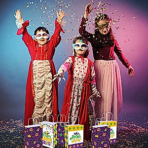 Whaline 20 Pack Mardi Gras Paper Gift Bags with Handle Crown Masquerade Mask Pattern Gold Coins Bags Carnival Party Favor Treat Bags for Gift Wrapping Mardi Gras Birthday Party Supplies, 4 Designs