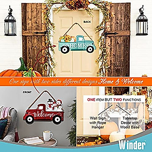 Winder Welcome Sign & Home Sign for Front Door 2-Side Rustic Red Truck Decor with 10-PC Interchangeable Holiday Icons for Spring Easter 4th of July Fall Harvest Halloween Christmas Seasonal Wall Hanging & Table Decorations(2-Side Red Truck)