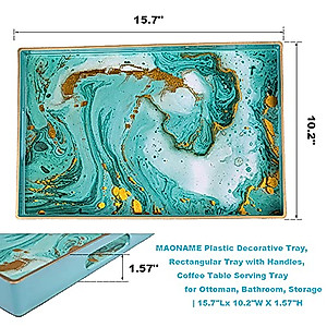 MAONAME Turquoise Serving Tray with Handles, Plastic Decorative Tray for Coffee Table, Marbling Rectangular Tray for Bathroom, Ottoman, Storage, 15.7" Lx 10.2" W X 1.57" H