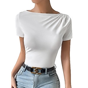 Verdusa Women's Ruched Boat Neck Short Sleeve Slim Fitted Tee T Shirt Top White M