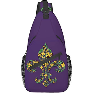 Sling Backpack Purple Fleur Mardi Gras Travel Hiking Daypack Pattern Rope Crossbody Shoulder Bag