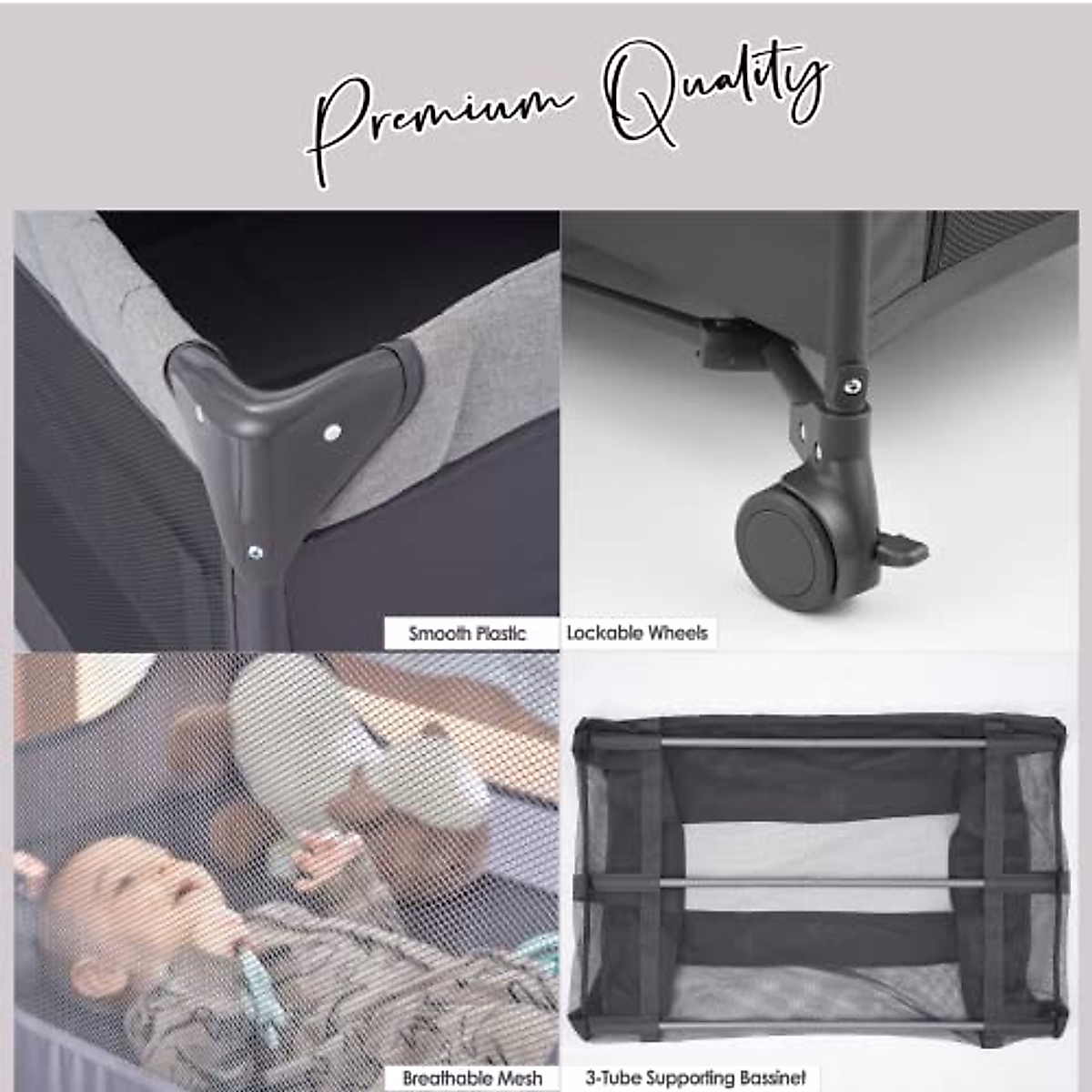 QUTANIX Baby Bassinet Bedside Bassinet Sleeper, 5-in-1 Pack and Play with Full-Size Bassinet,Baby Playard with Changing Table,Storage Shelf,Music Mobile with Soft Toys for Newborn to Toddlers (Grey)