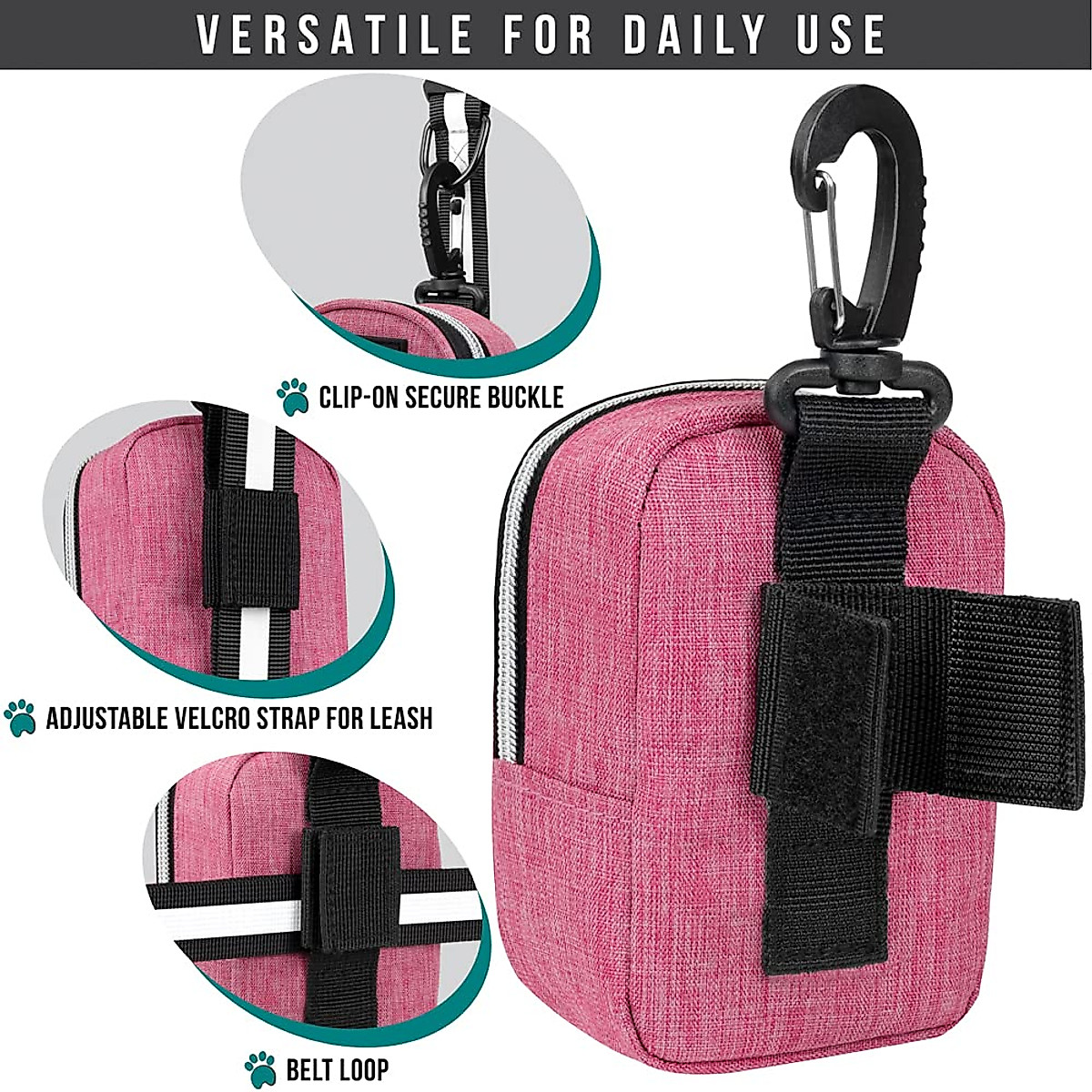 PetAmi Dog Poop Bag Holder For Leash, Dog Pet Waste Bag Dispenser For Poop With Clip For Doggie Puppy Walking Accessories Travel Camping, Dog Treat Pouch Supplies Must Have With Doggy Bag Roll, Pink