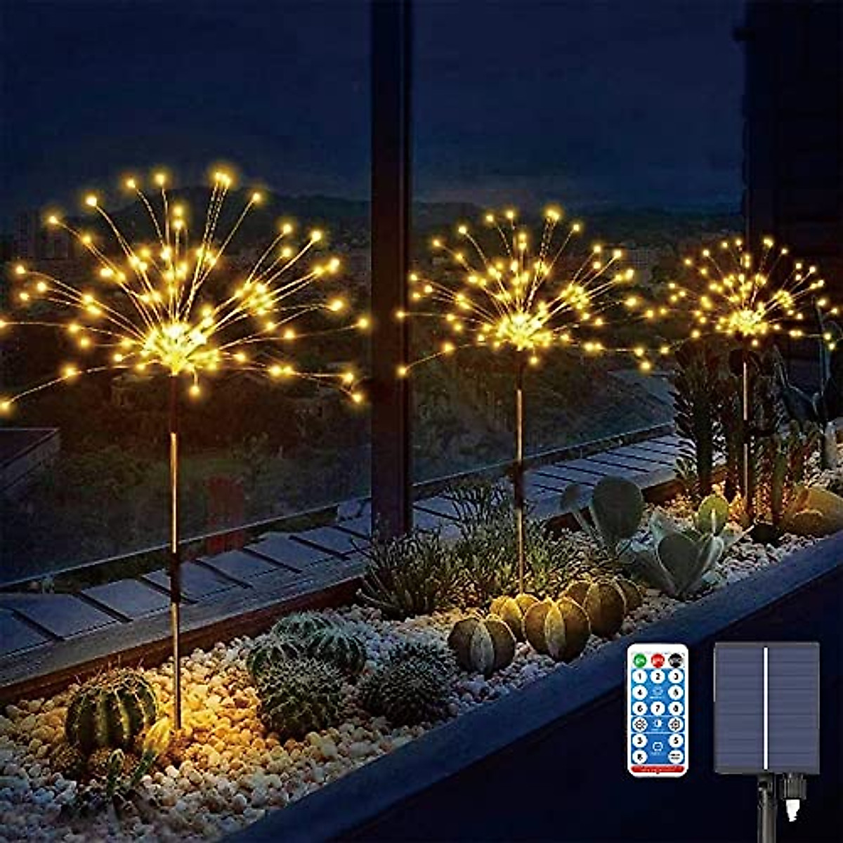 Upgrated 3 Pack Solar Garden Path Lights with Remote, 120 LED Solar Firework String Lights Outdoor, 8 Modes Landscape Stake Lights for Walkway Backyard Patio Christmas Wedding Party (Warm White)