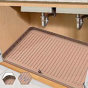 Under Sink Mat, 34" x 22" Under Sink Mats for Kitchen Waterproof - Silicone Under Sink Liner Drip Tray with Drain Hole, Sink Cabinet Protector Mat for Kitchen & Bathroom (Khaki)