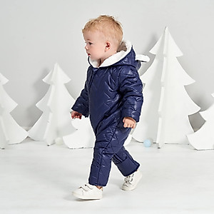 Bafeicao Baby Boy Girl Winter Hooded Snowsuit Romper Zipper Padding Bodysuit Infant Puffer Jacket with Gloves 9-12 Months, Navy Blue