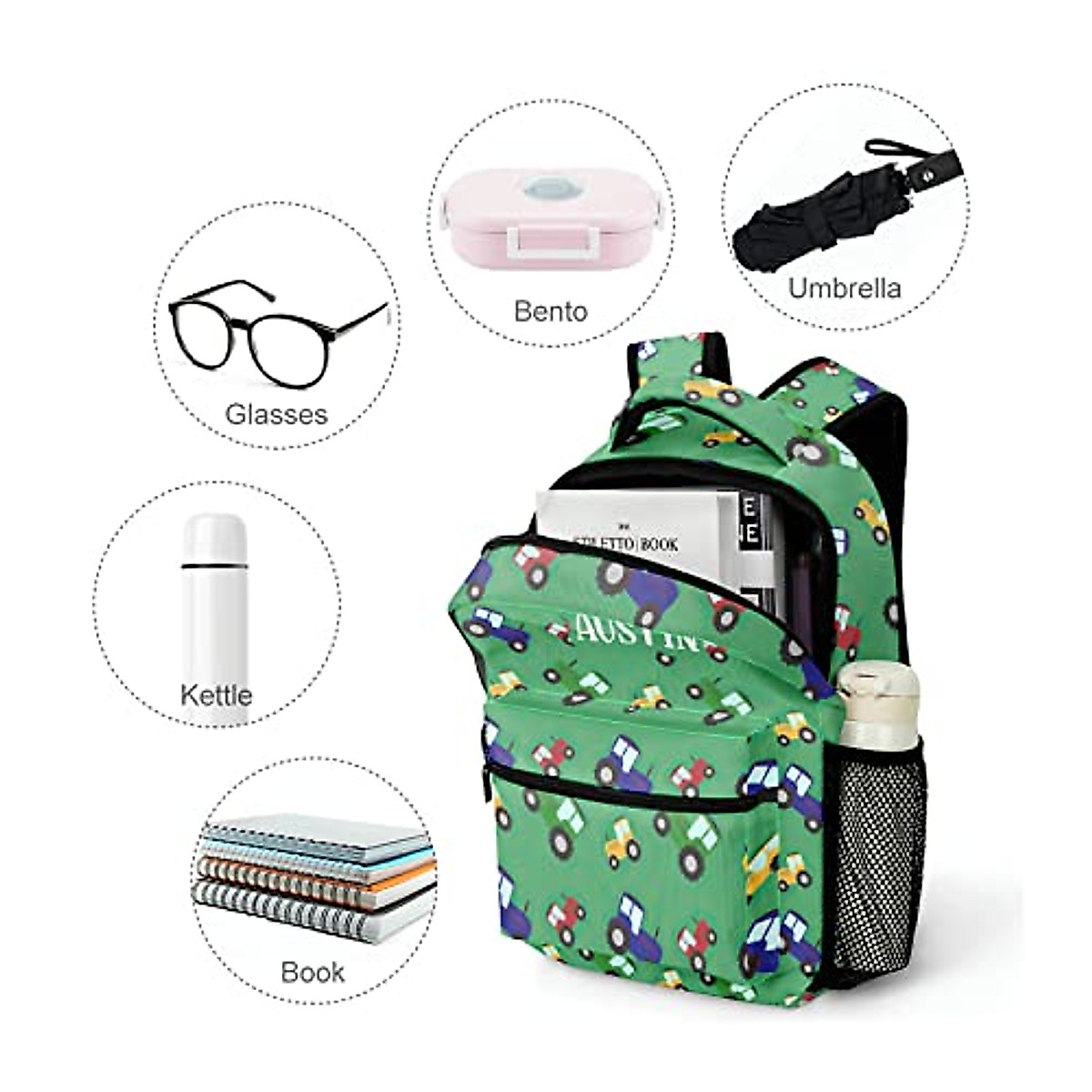 CustomLife Personalized Green Tractors School Backpacks Bookbag Travel Pack for Boys Girls Men Women, 16.5''(H) x 12.2''(L) x 5.9''(W)