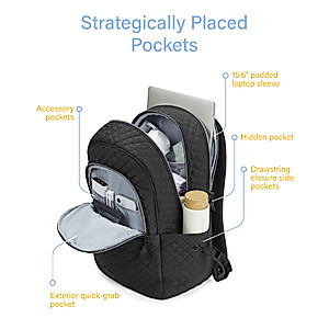 BAGSMART Laptop Backpack for Women, Quilted Travel Backpack Fits 15.6 Inch Laptop, Lightweight Bookbag for School with Charging Port Hole, Computer Backpack for College Work Business, Classic Black