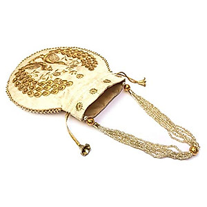 Indian Ethnic Designer Embroidered Silk Potli Bag Batwa Pearls Handle Purse Clutch Purse for Women Evening Party (White)