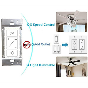 Nexete Ceiling Fan Control & Dimmer Wall Switch, 2 in 1 Light and Ceilig Fan Combination Light Switch,Single Pole,No Wi-Fi Capability, Neutral Wire Needed.