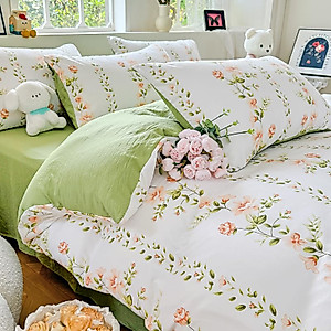Kimko Washable Cotton Floral Duvet Cover Set,Vintage Flower Reversible Bedding Set with Zipper Closure,Gentle,Soft,Cozy and Breathable 【3Pcs:1 Duvet Cover+2 Pillowcase】 (# 005, Full-71''X87'')