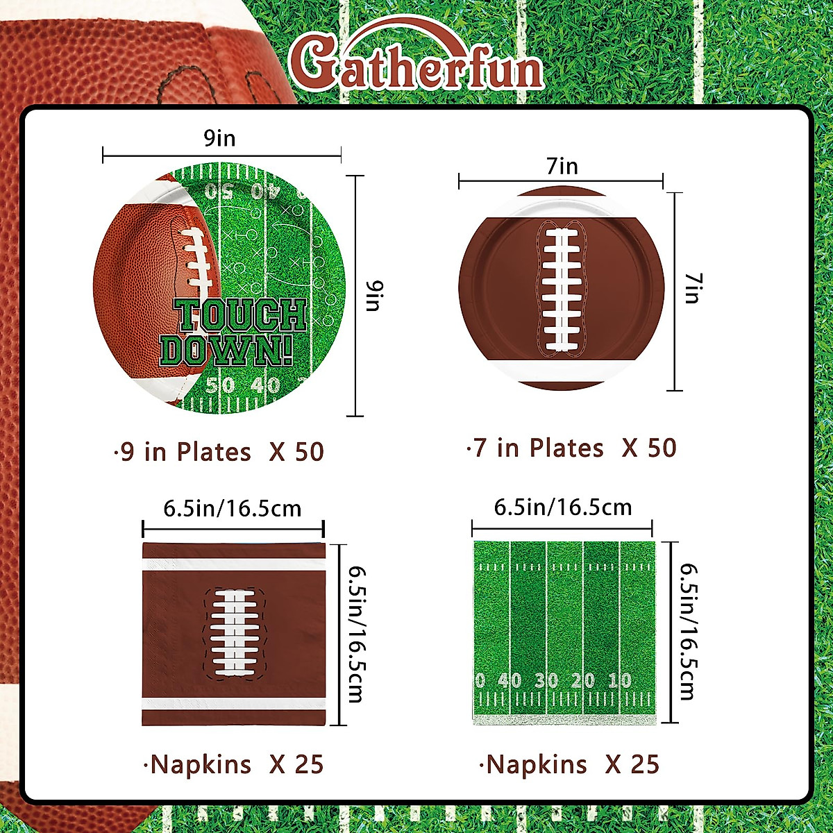Football Party Supplies Kit Serve 50,Includes Touchdown Dinner Plates, Dessert Plates and Napkins for Football Birthday Party Football Game Day Tailgate Party Decorations