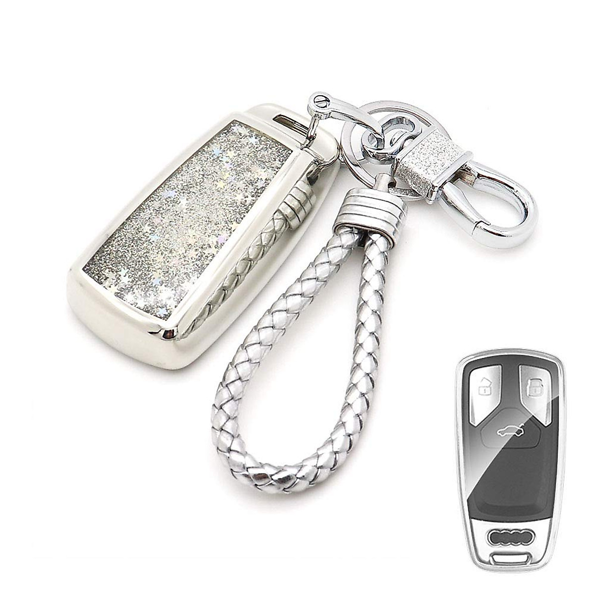 Senauto Quicksand Key Shell Key Fob Cover Case Keychain Compatible with Audi A3 A4 A6 TT Q5 Q7 S5 SQ5 R8 (Silver)
