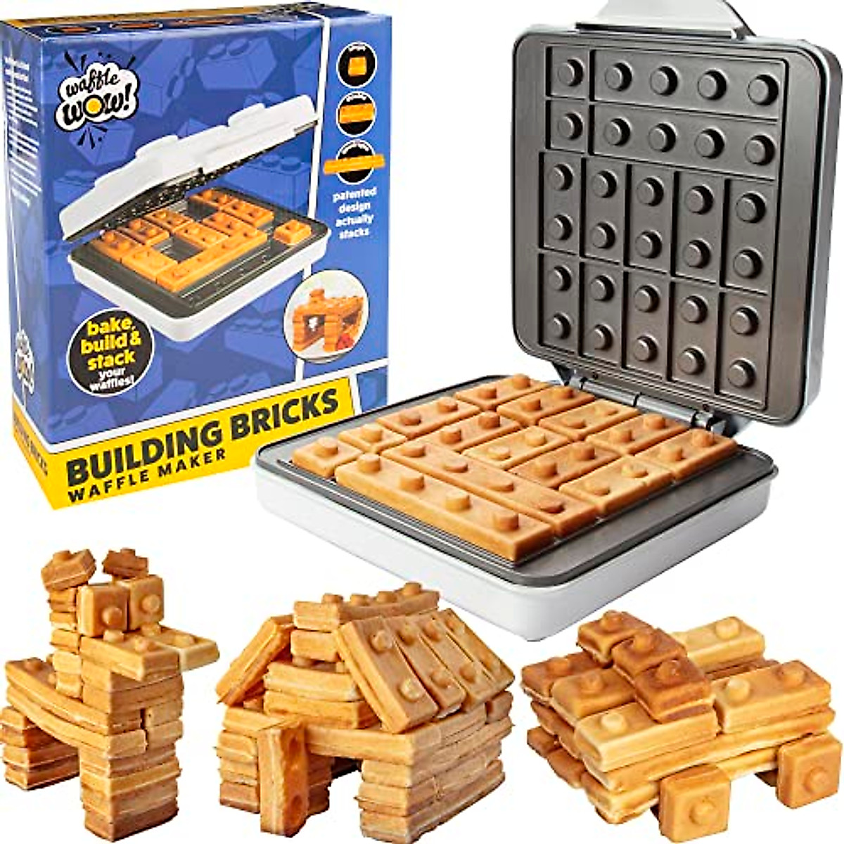 Building Brick Electric Waffle Maker- Cook Fun, Buildable Waffles, Pancakes in Minutes - Build Houses, Cars & More Out of Stackable Waffles- Bite Sized Easy to Hold, Nonstick Iron, Kids Breakfast Gift