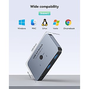 USB Switch 3.0 KVM Switch, ABLEWE Aluminum USB switcher 2 Computers Sharing 4 USB Devices for PC Printer Scanner Mouse Keyboard with 2 Pack USB 3.0 Cable