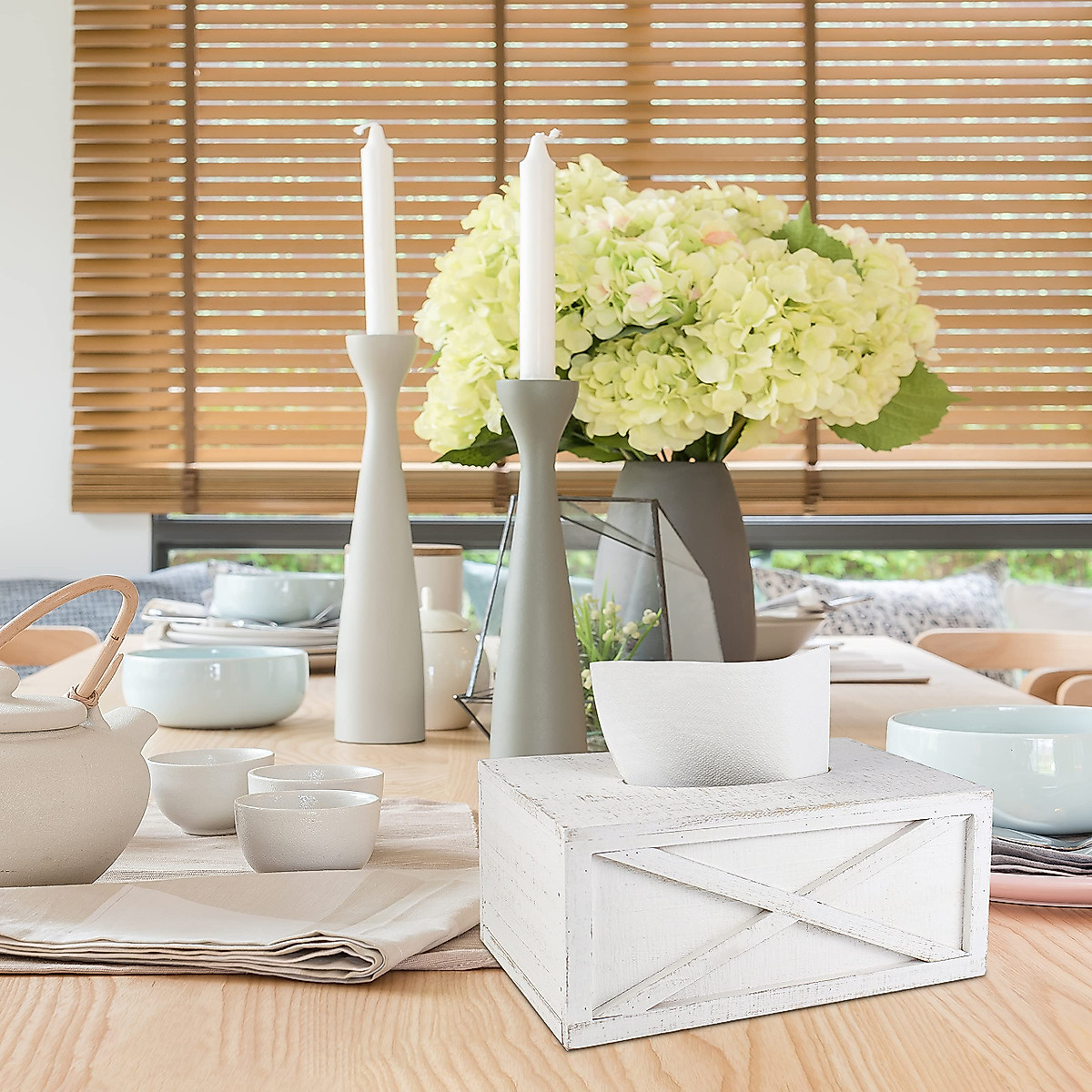 Karisky Rustic Rectangular Fir Wood Tissue Box Cover Holder with Slide-Out Bottom Panel, Farmhouse Paper Facial Dispenser for Bathroom, Bedroom, Night Stands, Office, 10 x 6 x 5 inch, White