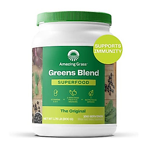 Amazing Grass Greens Blend Superfood: Super Greens Powder Smoothie Mix with Organic Spirulina, Alfalfa, Beet Root Powder, Digestive Enzymes & Probiotics, Original, 100 Servings (Packaging May Vary)