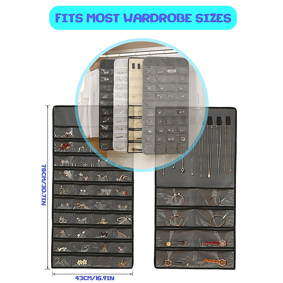 ONEPEACE Hanging Jewelry Organizer: Necklace & Earring Holder with Pockets for Closet, Wall or Door (Black)