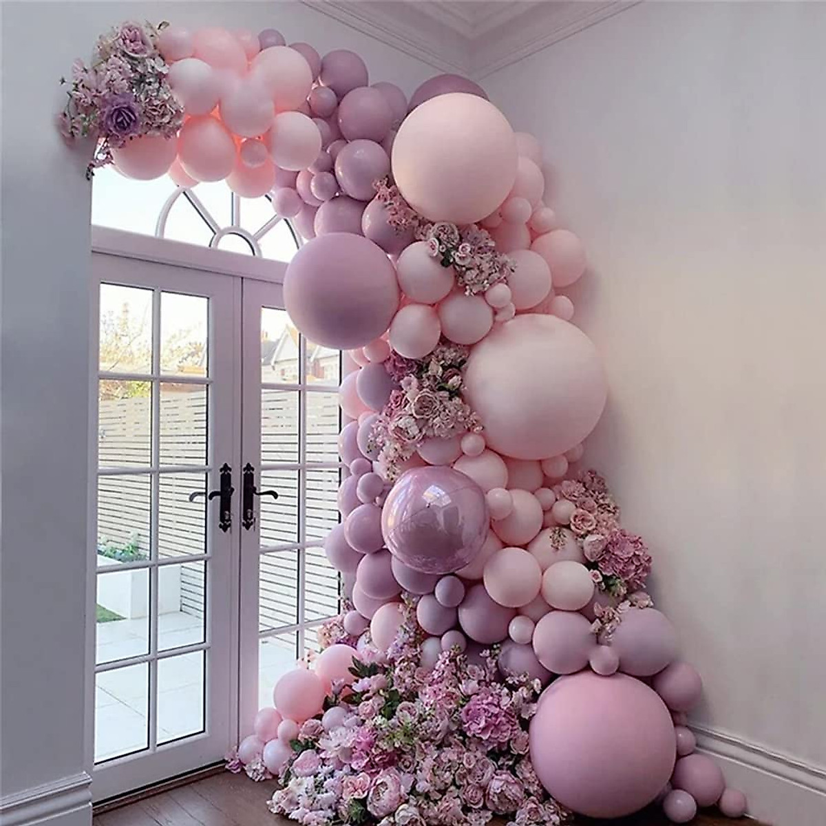 145PCS Dusty Pink Purple Balloon Garland Arch Kit Pinkish Purple Lilac Lavender Pastel Pink Neutral Sand Boho Balloons for Birthday Bride Baby Shower Wedding Butterfly Party Decorations