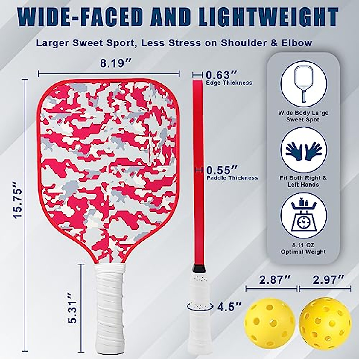 INSUM Camouflage Graphite Fiberglass Pickleball Paddles - Set of 4 Lightweight Paddles,4 Pickleball Balls,4 Overgrips with Cover Bag Pickleball Multiple Colors for Beginner