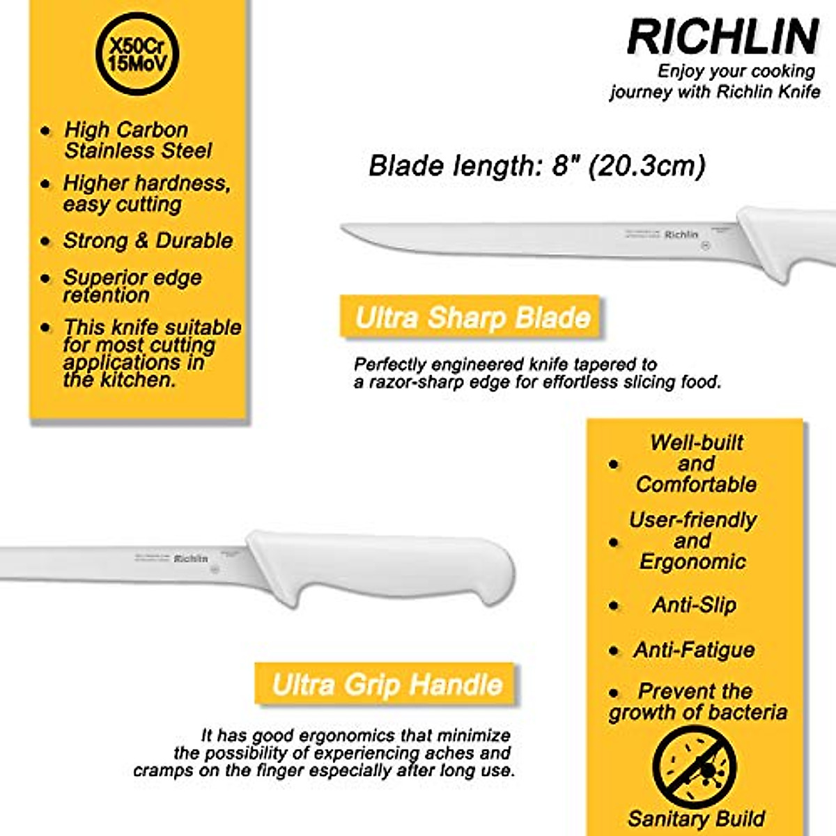 Richlin Boning Knife,8-Inch Chef's Knife with Razor Sharp High Carbon Stainless Steel for Meat and Poultry(8” Narrow Boning Knife,White)