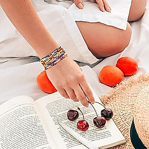 HEIDKRUEGER Seed Bead Stretch Bracelets Colorful Rainbow Tiny Beaded Stackable Vsco Bracelets Boho Summer Vacation Adjustable Bangle Bracelet for Women Girls 14Pcs