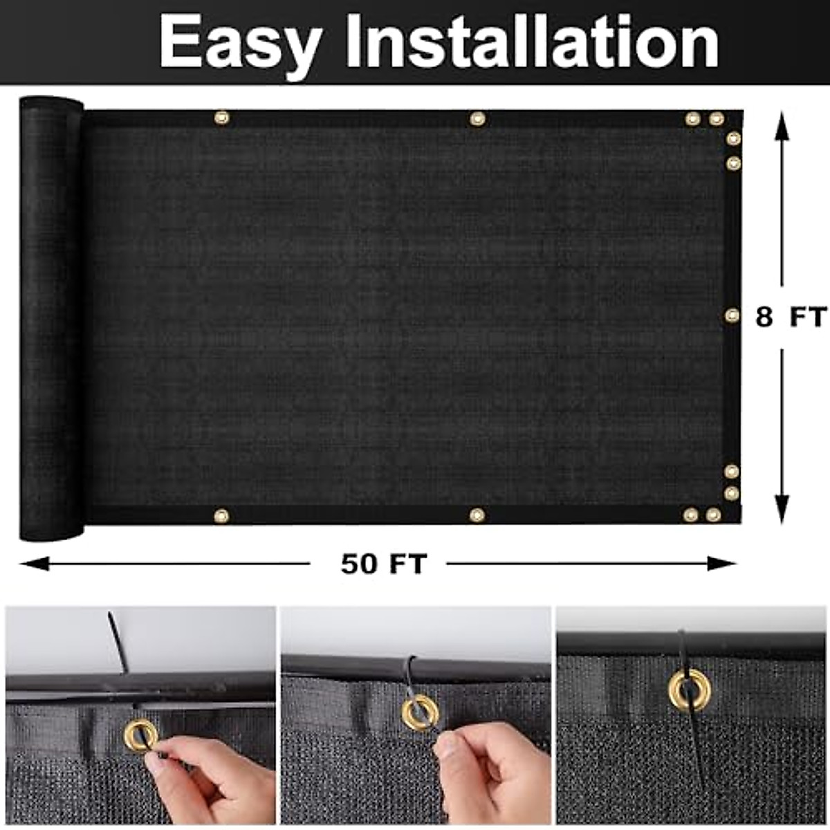 SPORTYOUTH 8ft x 50ft Privacy Screen Fence, Black Heavy Duty Windscreen Fencing Mesh Fabric Shade Cover with Brass Grommets for Outdoor Wall Garden Yard Backyard Patio Pool Deck Commercial