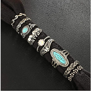 Cathercing 9 Pcs Turquoise Ring Set for Women Knuckle Vintage Rings Pack for Women Bohemian Rings Silver Joint Knot Rings Set Halloween Party Daily Gift (style 3)