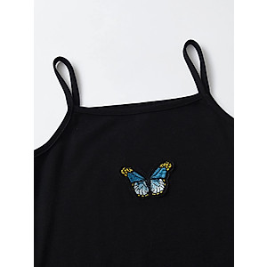 OYOANGLE Girl's 2 Piece Outfit Butterfly Patched Cami Dress with Long Sleeve Button Down Crop Shirt Set Blue and Black 11-12Y