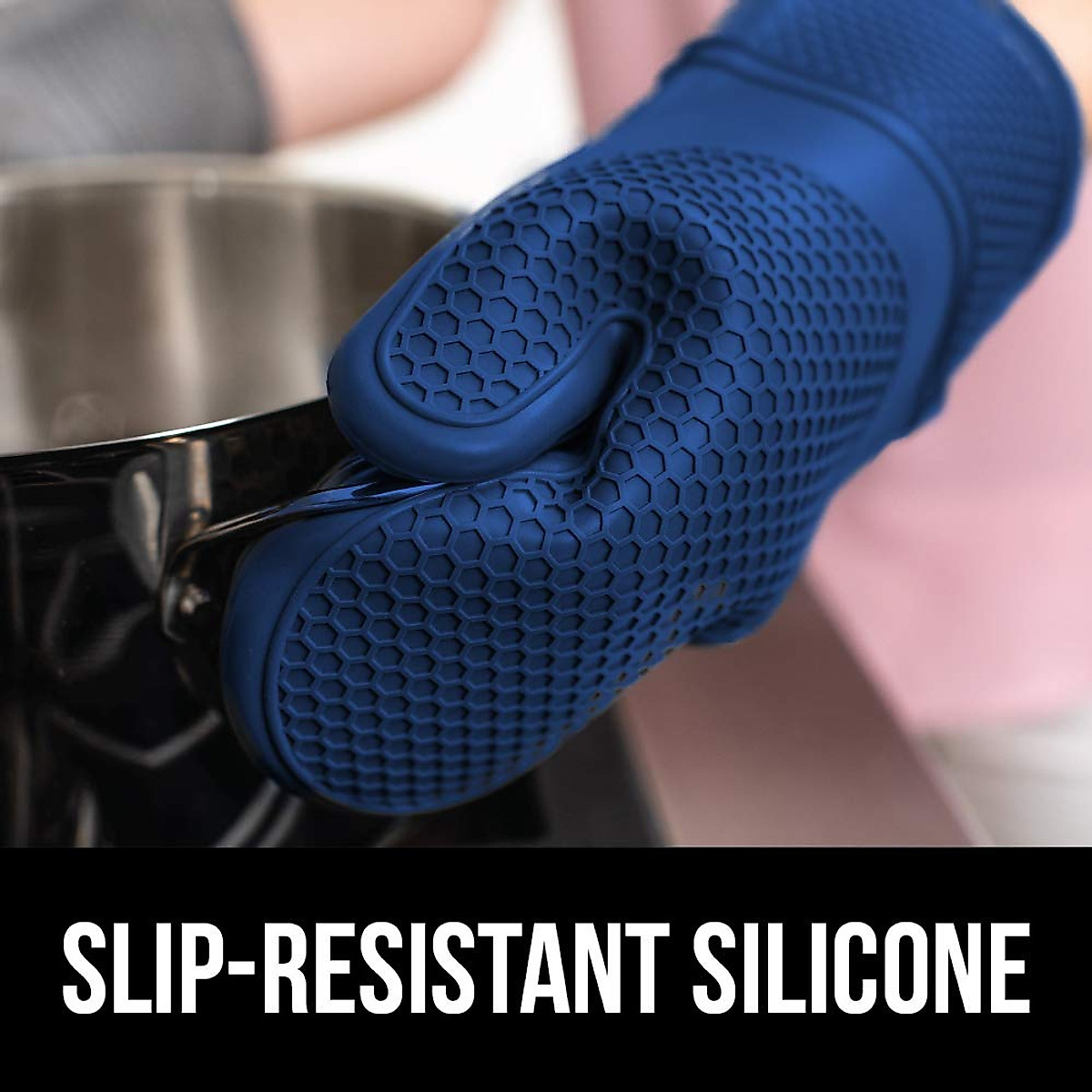 Gorilla Grip Silicone Oven Mitts and Flexible Cutting Boards 4 Pack, Oven Mitts are 12.5 Inch in Blue Color, Flexible Cutting Boards are Multicolor, 2 Item Bundle