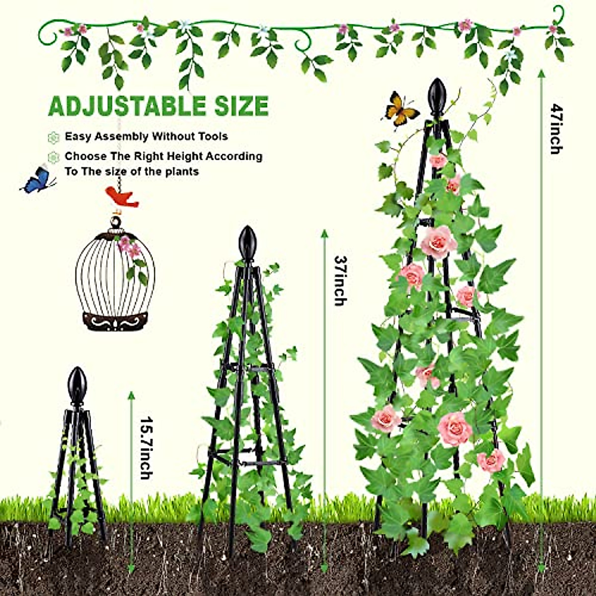 AlisisFores 4 Ft Tower Obelisk Trellis for Potted Climbing Plants, Garden Trellis Rustproof Plastic Coated Metal Plant Support for Vegetables, Vines and Rose Bushes