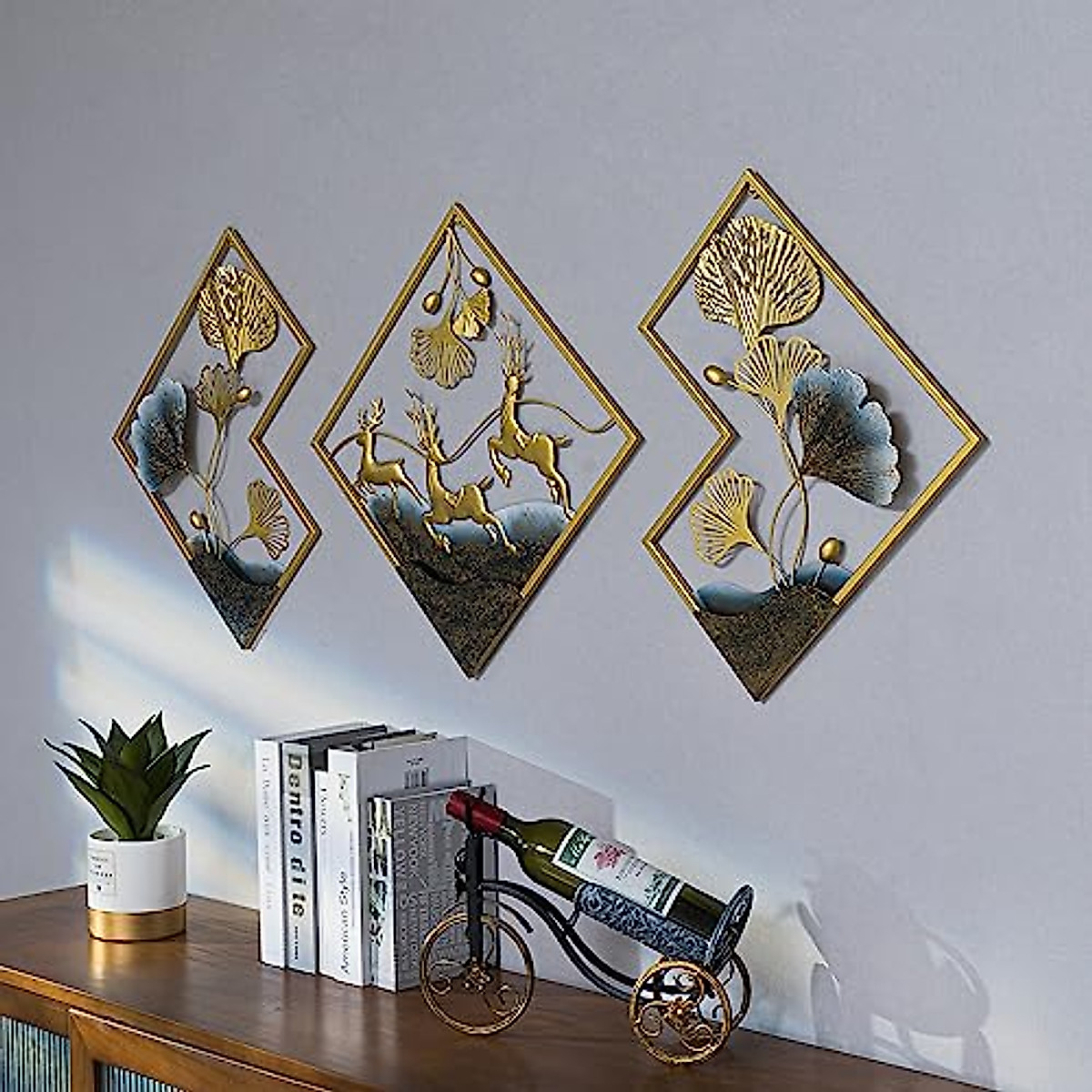 AYOUSENFAN Gold Metal Wall Decor Deer and Leaf Metal Art Wall Decor Design 70x22x0.4 Inch 3D Large Metal Wall Art for Living Room Easy Install Wall Sculptures Home Decor (3Pcs)