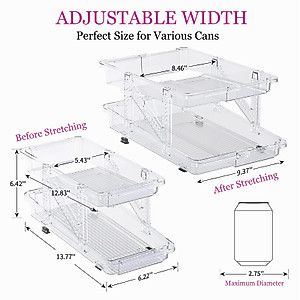 Aoteuk Refrigerator storage containers， Adjustable Width Rolling Soda Can Dispenser Soda Can Storage Rack Beverage Pop Can Holder Drink Organizer for Fridge Pantry Cabinet Countertop (2 Pack, Clear)