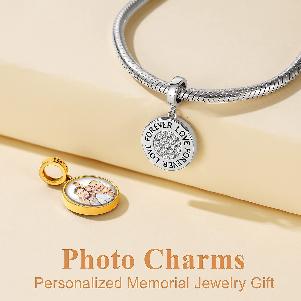 925 Sterling Silver Personalized Photo Charm Fit Bracelet Necklace Customized Image Picture Bead for Women