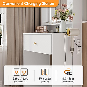 Vabches Small Vanity Desk Set with 3 Adjustable Lighted Mirror and Charger Station,White Makeup Vanity Desk for Small Space