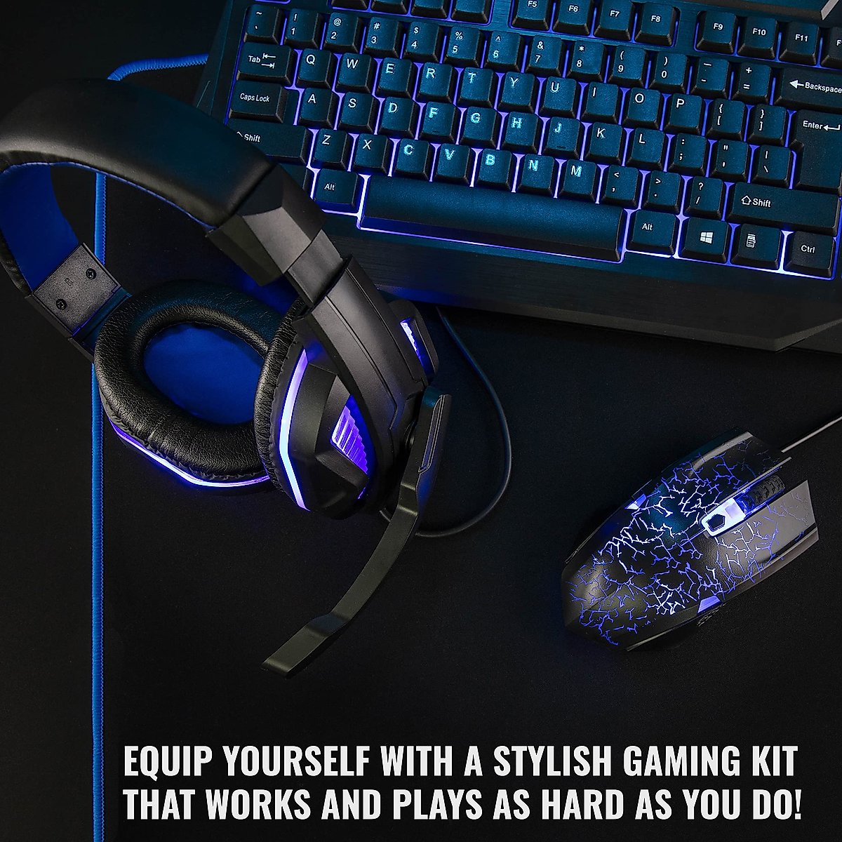 RitzGear Blue Gaming Kit I 4-in-1 LED Combo with Multimedia Keyboard, Optical Mouse, Mouse Pad & Headset with Adapter with CR4-X 4" Monitors and 24 Pack Acoustic Soundproof Wedge Panels