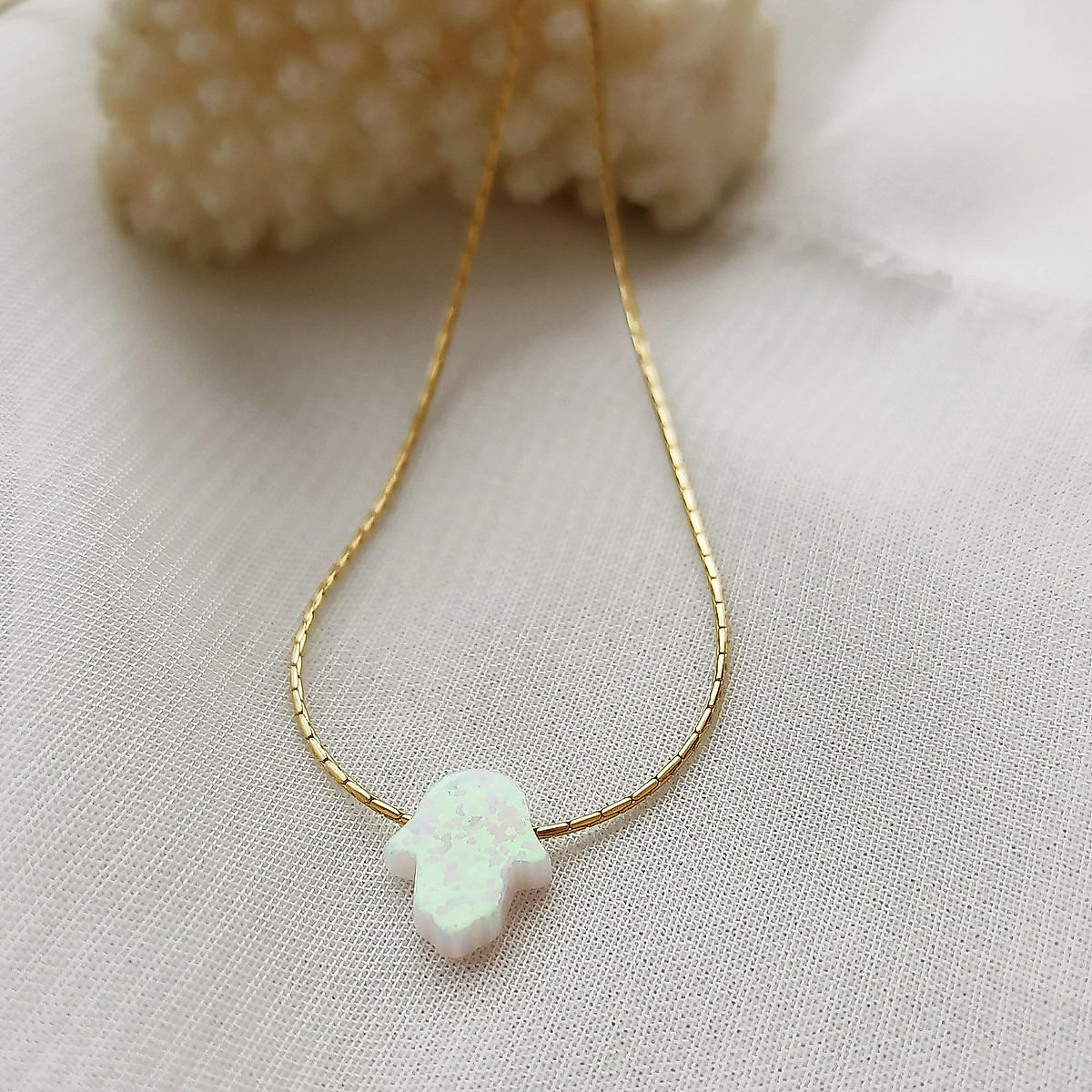 Delicate 14K Gold Filled Opal Hamsa Choker Necklace - Designer Handmade Minimalist Collar with Small White Hand - 13.5 inch + 3 inch extending chain
